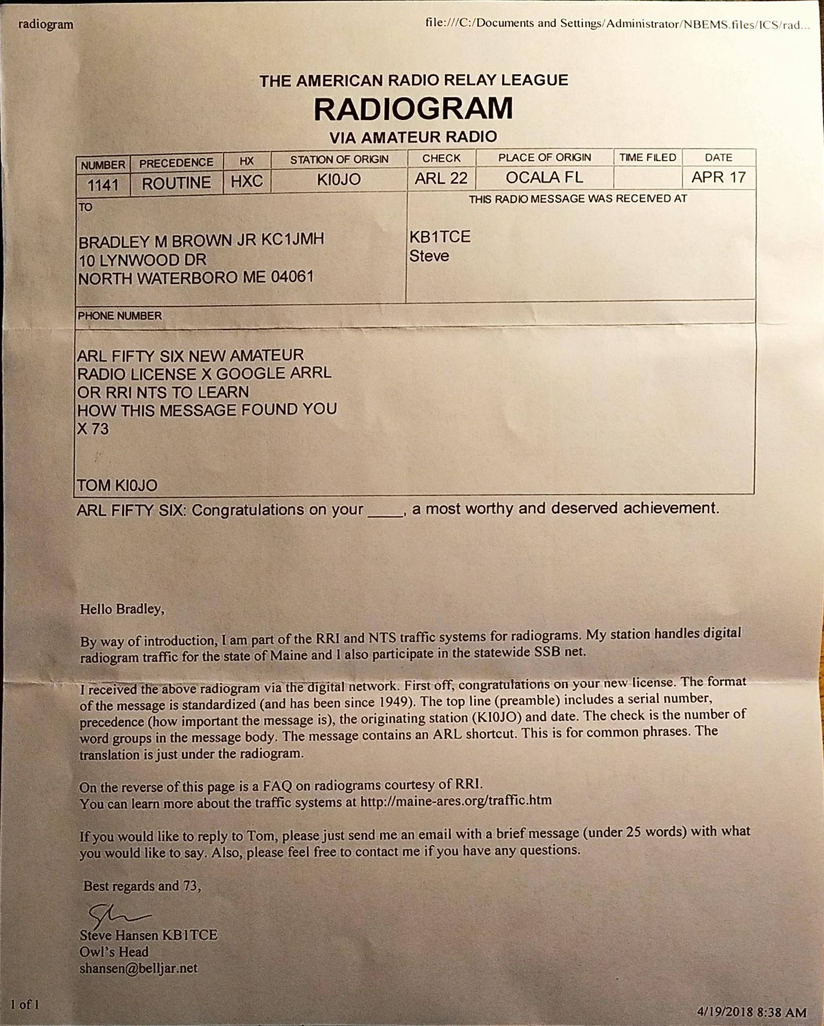 A Radiogram! – KC1JMH